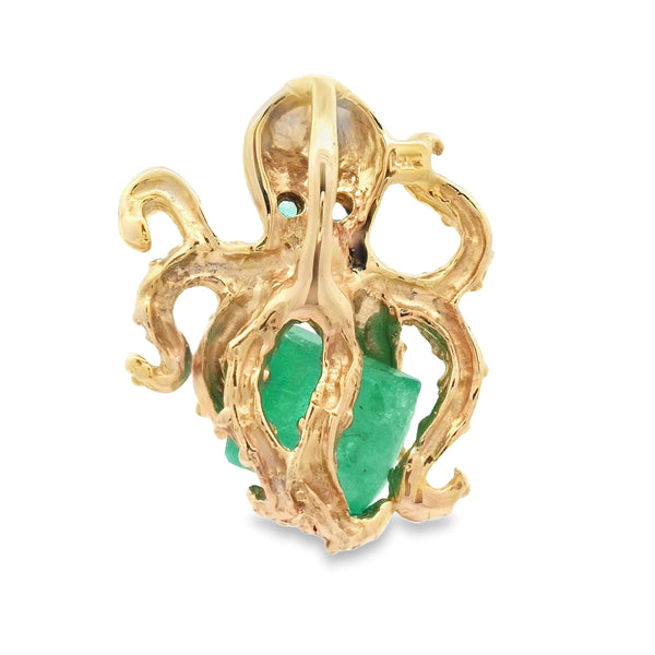14k Yellow Gold Large Octopus Holding Emerald Pendant