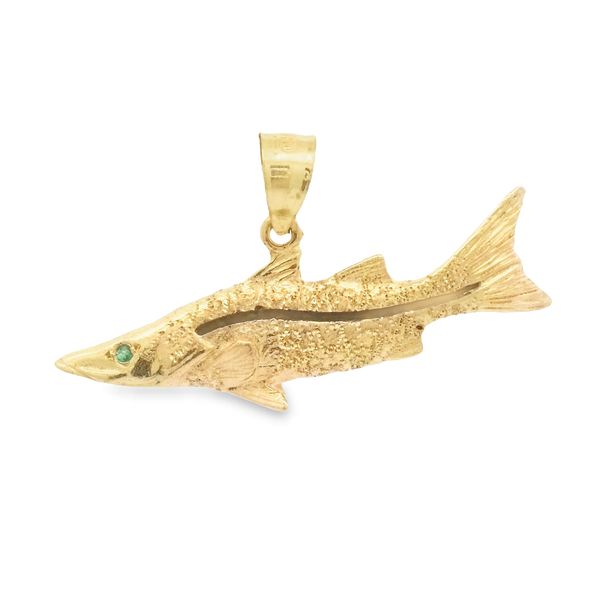 14k Yellow Gold 3D Double Sided Enamel Snook With Emerald Eyes Pendant